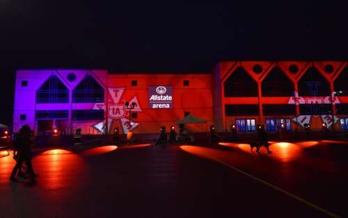 Allstate Arena lit up in support of impacted workers