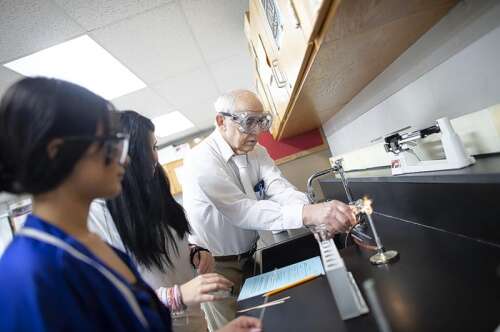 Grove Junior High science teacher John Prusko prepares to end his half ...