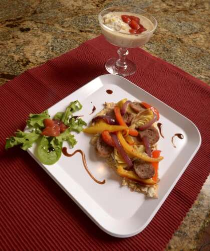 Amaranth Flatbread with Goat Cheese, Sausage and Veggies