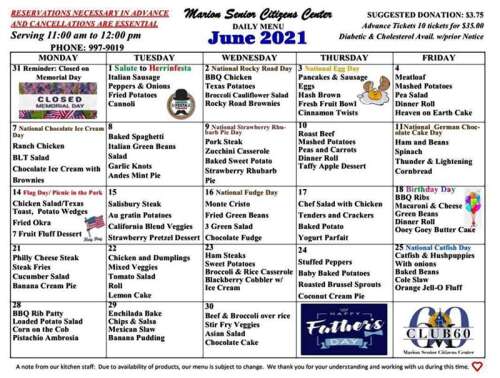 Marion Senior Citizens Lunch Menu - June 2021