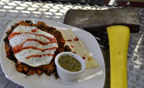 Darla Pitts' Pork Mole on Ghost Pepper Hash with Broccoli Raab Salsa Verde
