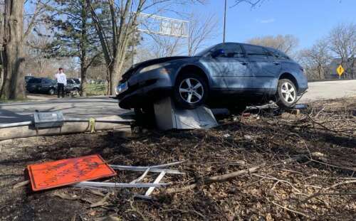 New IDOT warning sign no match for car flying off Route 20 in Elgin