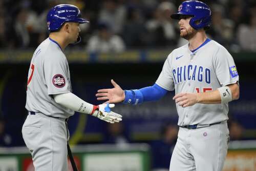 Kelly hits for cycle and Cubs power past Athletics 18-3 in 1st MLB game ...